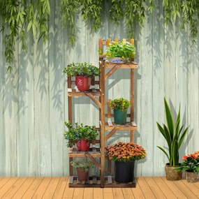 Dřevěný květinový regál Outsunny s 5 policemi - stojan na květináče, ornament s malými zábranami 60 x 30 x 130 cm z karbonizovaného borového dřeva pr…