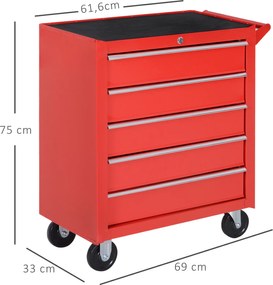 Skříňka na kolečkách, skříňka na nářadí do garáže, kůlny, ocel, 69L x 33W x 75H cm, červená