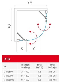 Roth Čtvrtkruhový sprchový kout LYR4 Varianta: rozměry: 100x100 cm - (LYR4 1000 - 1135008269), Barva profilů a typ výplně: profily: brillant, výplň: transparent