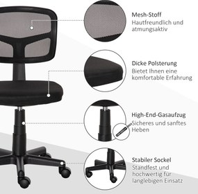 Vinsetto Ergonomická síťová kancelářská židle 360° otočná s nastavovací výškou, prodyšným bederním opěradlem a bezpodmínečnými kolečky 43x48x77,5-89,…
