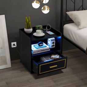 Costway Noční stolek s USB portem LED osvětlení a nočním stolkem nabíjecí