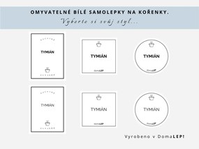 TYMIÁN - omyvatelná samolepka na kořenky, výběr rozměrů Ø 5 cm / 5 x 5 cm / 6 x 8 cm | DomaLEP tvar: KOLEČKO, barva: BÍLÁ - ČERNÉ písmo, velikost: Ø 5 cm - tučné písmo