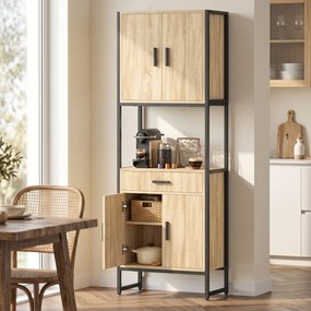 HOMCOM vysoká skříň do kuchyně, kuchyňská skříňka, 4 dveře s tlumeným zavíráním, zásuvka, pracovní deska, 60x30x170 cm, přírodní dřevo