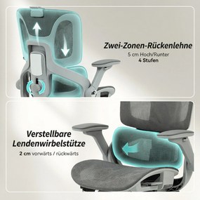 HOMCOM ergonomická síťovaná kancelářská židle — 4D područky, nastavitelná opěrka hlavy a hloubka sedáku, bederní opora, sklápění 135° s opěrkou nohou…