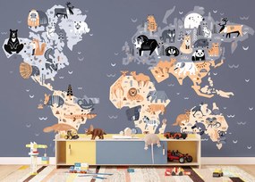 Dětská fototapeta na míru Tmavá Zvířecí Mapa Světa | Vliesová fototapeta na zed' | DFTD5P 352445