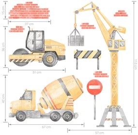 Dětské samolepky na zeď  STAVEBNÍ STROJE žluté