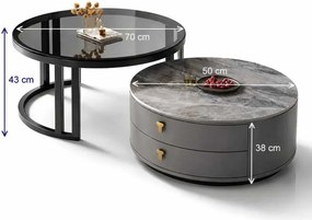 LuxuryForm DESIGN Konferenční stolek ORION 70 × 70 / 50 × 50 cm – šedý / bílý mramor + sklo (set 2 ks)