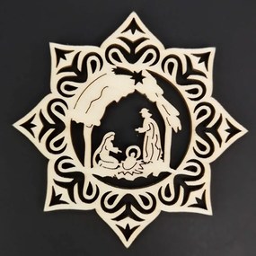 AMADEA Dřevěná ozdoba hvězda s betlémem 9 cm