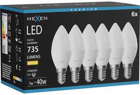Mexen Nova 6x Žárovka LED E14, C37, 7W, Teplá - 3000K, 735 lm - L102-E14-0730-01x06
