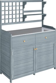 Outsunny světle šedý zahradní stůl na přesazování se skříňkou a pozinkovanou pracovní deskou, 2 zásuvky — 104 x 44 x 140 cm