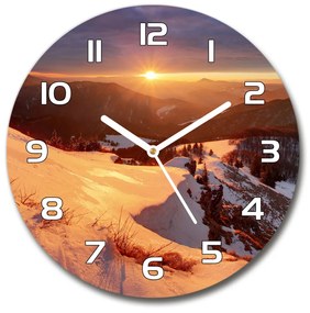 Wallmuralia Skleněné hodiny na stěnu Zima v  horách fi 30 cm