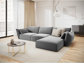 Světle šedá sametová rohová pohovka (pravý roh/s lenoškou) Vanda – Mazzini Sofas