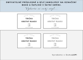 TRIČKA KRÁTKÝ RUKÁV - Samolepka na šuplíky a boxy do šatní skříně, 8,5 x 5,5 cm - DomaLEP varianta: SAMOLEPKA, barva: BÍLÁ - ČERNÉ písmo, velikost: š. 8,5 cm x v. 5,5 cm - základní písmo