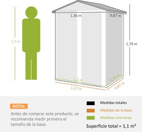 Outsunny kovová zahradní kůlna — 1,18 m² (136 × 87 × 179 cm) | Posuvné dveře, šikmá střecha, včetně rukavic, hnědá