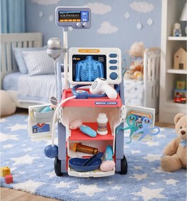 LEAN Toys Sada malého lékaře s vozíkem RTG a EKG, světla, růžová, 16 ks