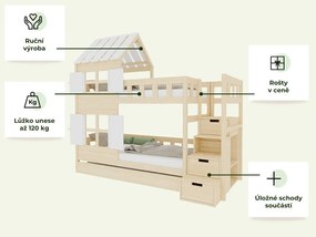 Benlemi Patrová postel CHALOUPKA s poloviční střechou a úložnými schody 90x200 cm Zvolte barvu: Nelakovaná, Zvolte šuplík: Bez šuplíku, Zvolte stranu: Vlevo
