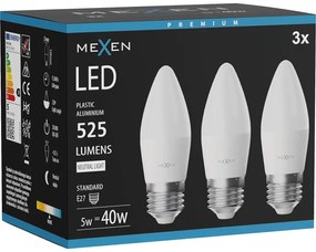Mexen Nova 3x LED žárovka E27, C37, 5W, Neutrální - 4000K, 525 lm - L102-E27-0540-01x03