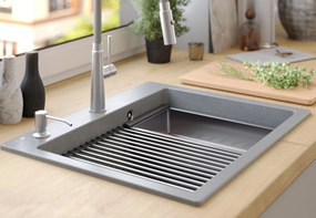 Šedý kuchyňský granitový dřez QUADRON Kurt 110 s příslušenstvím bez baterie