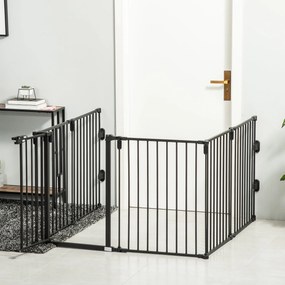 PawHut Bezpečnostní Bariera na Krb Modrý Ochranný Oplocení pro Domácí Zvířata Modulární Skládací 6 Panelů s Dveřmi Bez Vrtání 362,5 x 76 cm Černá