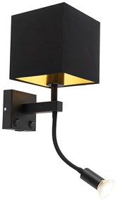 Moderní nástěnná lampa černá s USB a čtvercovým černým odstínem - Zeno