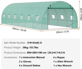 Walk-in tunelový skleník 8,9 × 2,96 × 1,98 m pozinkovaný rám PE kryt zelený