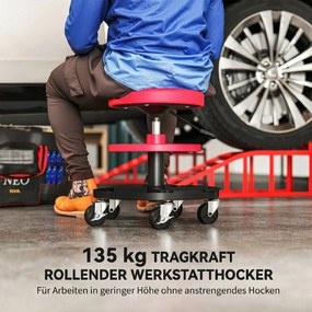 HOMCOM V dílně s kolečky – nastavitelné výškové stolky 40-51 cm – stolička s otočným sedadlem až 135 kg – stolička do dílny Ø38 cm – červená