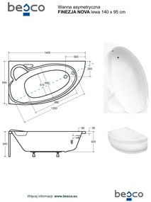 BESCO Asymetrická vana FINEZJA NOVA Nožičky k vaně - S nožičkami, Rozměr vany - 140 × 95 cm, Způsob provedení - Pravé - VANFINN140P+OLVPINOZ