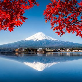 Ozdobný paraván Japonská sopka hora Fudži červená - 145x170 cm, čtyřdílný, klasický paraván