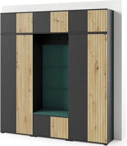 Eka Předsíňová stěna s čalouněnými panely Joey 4 - Černá a Dub Artisan / Tmavá zelená 2328