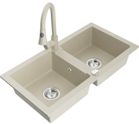 Mexen Mario, 2-komorový granitový dřez 820x436x161 mm a dřezová baterie Elia, béžová, 6504-69-670101-69