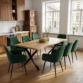 Vikio Jídelní set pro 8 osob 180x90 cm soft dub noha X zelená židle s područkami VJS228-8Z