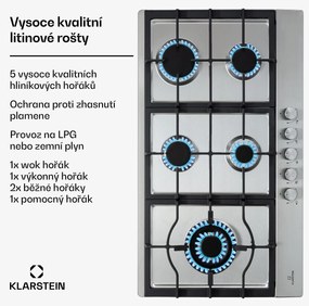 Klarstein Ignito Chef Edition, 5 varných zón, plynová varná deska, 5 hořáků, hořáky Sabaf, sklokeramický povrch