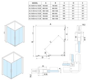 Polysan, ALTIS LINE BLACK obdélníková sprchová zástěna 1000x800 mm, L/P varianta, rohový vstup, AL1512BAL1582B