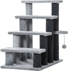 PawHut Kočičí Schody 4-krokové S Škrabadlem, Hračkou a Psy pro Kočky do 5 kg, Plyš a Jutová Šedá 60 x 40 x 64 cm | Aosom