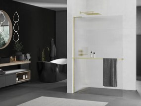Mexen Kioto+ L, sprchová zástěna Walk-In s poličkou a věšákem 100 x 200 cm, 8mm sklo s žebrovým vzorem, zlatý matný profil, 800-100-123-55-09
