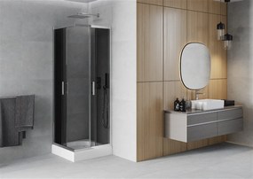 Mexen Rio, čtvercový sprchový kout s posuvnými dveřmi 70 x 70 cm, 5mm šedé sklo, chromový profil + bílá vysoká vanička Rio, 860-070-070-01-40-4510