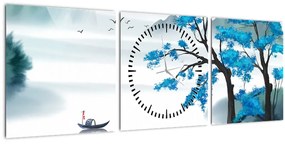 Obraz - Malované jezero s loďkou (s hodinami) (90x30 cm)