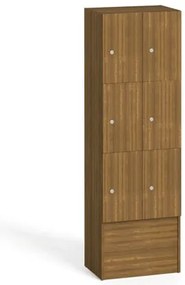 Dřevěná odkládací skříňka S5 s úložnými boxy, 6 boxů, 1700 x 600 x 420 mm, cylindrický zámek, ořech