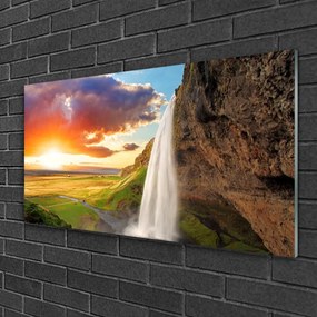 Obraz na skle Vodopád Slunce Krajina 140x70 cm