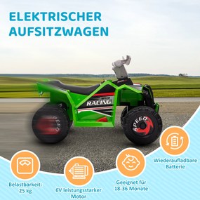 HOMCOM Elektrické Čtyřkolka pro Děti 18-36 Měsíců Elektrické Akumulátorové Vozidlo 6V s Přední a Zadní Rychlostí 2,5 km/h 70x41,5x48,5 cm Zelená