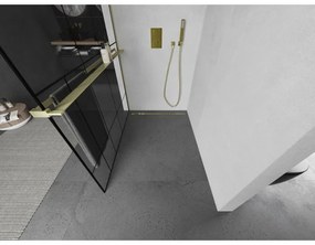 Mexen Kioto+ L, sprchová zástěna Walk-In s poličkou a věšákem 120 x 200 cm, 8mm čiré sklo černý vzor, ​​zlatý matný profil, 800-120-123-55-78