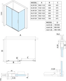 Polysan, ALTIS LINE BLACK sprchové dveře 1170-1210mm, výška 2000mm, sklo 8mm, AL3012B