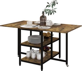 HOMCOM Rozkladací Skládací Jídelní Stůl Obdélníkový Mobilní Kuchyňský Stůl pro 2-6 Osob se 2 Otevřenými Policemi 140cm x 80cm x 75cm Rustikálně Hnědý