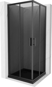 Mexen Rio, čtvercový sprchový kout s posuvnými dveřmi 70 (dveře) x 70 (dveře) x 190 cm, 5mm šedé sklo, černý profil + černá sprchová vanička SLIM, 860-070-070-70-40-4070B