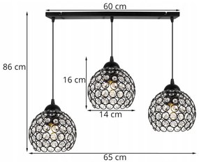 Závěsné svítidlo CRYSTAL, 3x černé křišťálové stínítko