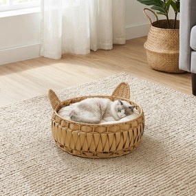 PawHut Kočičí pelíšek Ratanová kočičí jeskyně s odnímatelným polštářem, košík pro kočky do 10 kg, 50 x 25 cm, světle hnědá