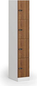 Šatní skříňka S1 s úložnými boxy, 4 boxy, 1850 x 300 x 500 mm, demont, mechanický kódový zámek, laminované dveře, ořech