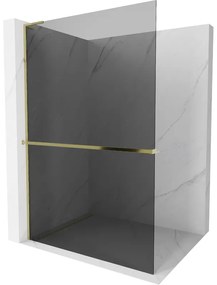Mexen Kioto+ L, sprchová zástěna Walk-In s poličkou a věšákem 90 x 200 cm, 8mm šedé sklo, zlatý lesklý profil, 800-090-123-50-40