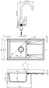 Deante Evora, 1-komorový granitový dřez s odkapávačem 780x440x193 mm a kuchyňská baterie Luno s flexibilním ramenem, černá, DEA-ZQJJN113