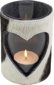 Svícen Srdce z hovězí kůže bílo černá M 15cm - 11,5*11,5*15,5cm